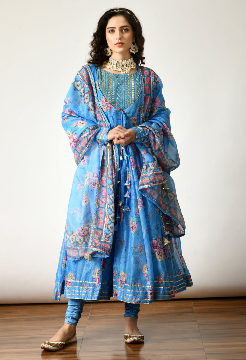 Isha Borah Azure Blue Gulzar Anarkali set – Alyssum.in