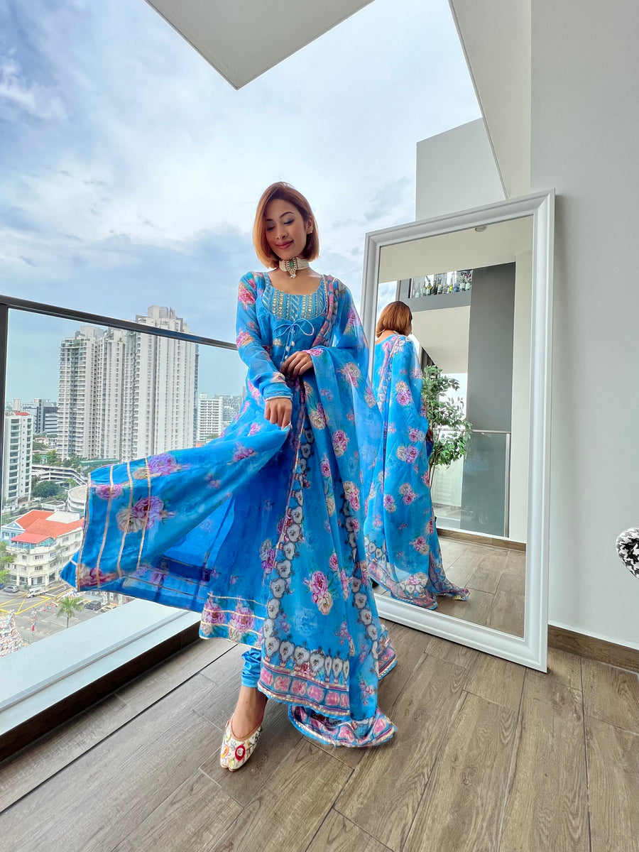 Isha Borah Azure Blue Gulzar Anarkali set – Alyssum.in