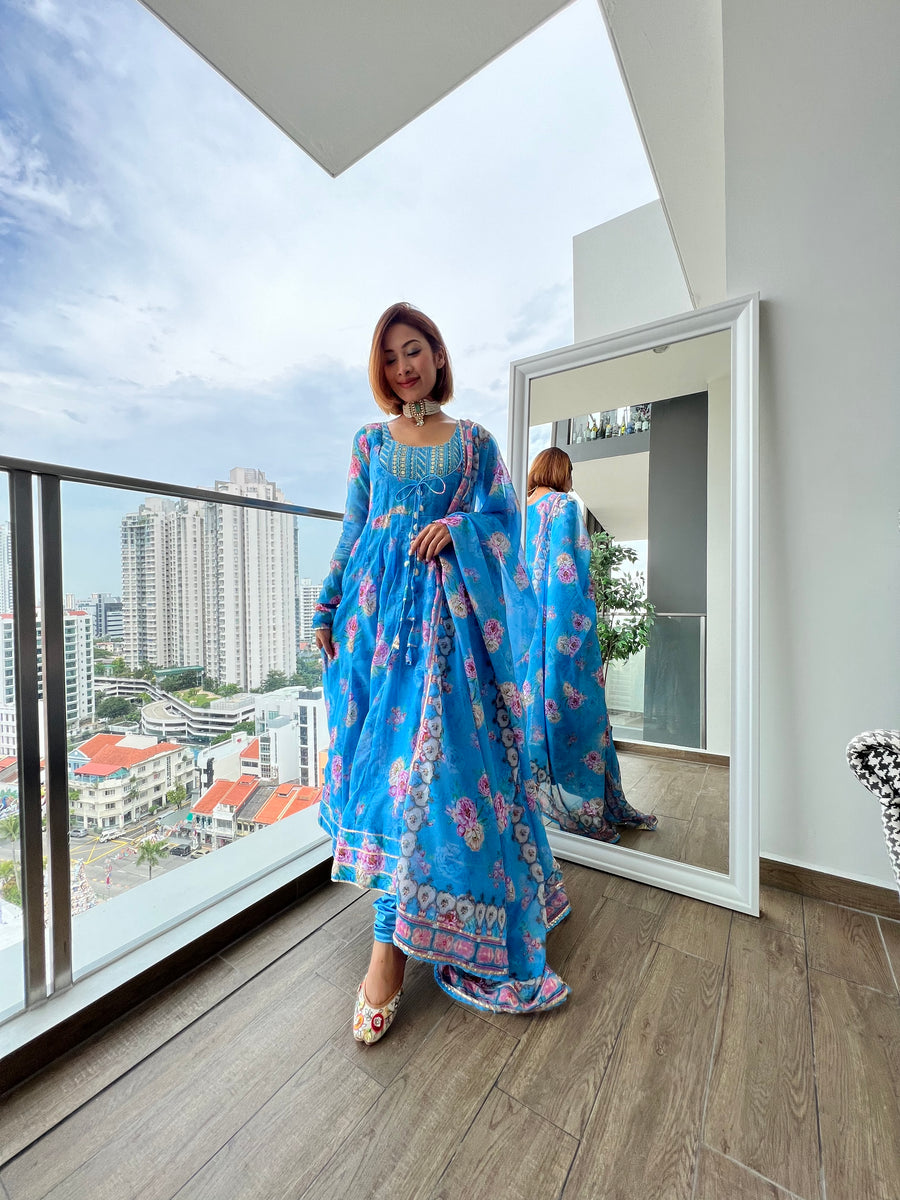 Isha Borah Azure Blue Gulzar Anarkali set – Alyssum.in